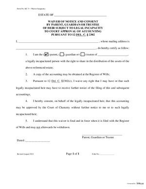 Beneficiary Waiver For Incapacitated Beneficiaries (Kent) - Delaware | Atticus® Forms