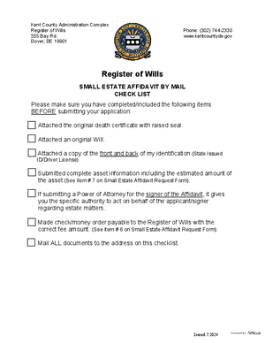 Request For Small Estate Affidavit Via Mail Checklist (Kent) - Delaware | Atticus® Forms