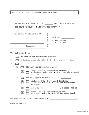 IUPC003: Waiver Of Bond - Idaho | Atticus® Forms
