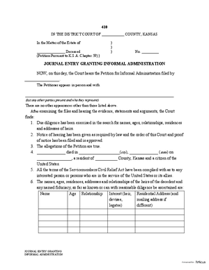 410 - Intestate: Journal Entry Granting Informal Administration ...