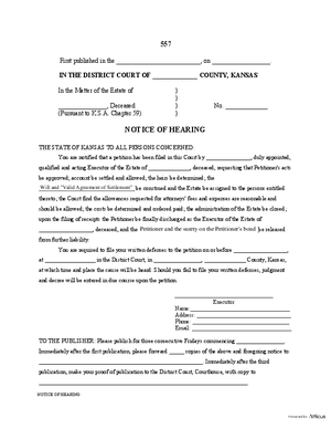 557: Notice Of Hearing Of Petition For Final Settlement - Kansas ...