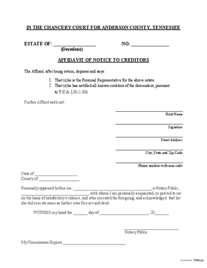 Affidavit Of Notice To Creditors (Anderson) - Tennessee | Atticus® Forms