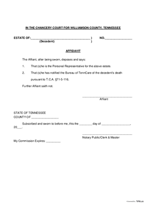 Affidavit Of Notice To Tenncare (Williamson) - Tennessee | Atticus® Forms