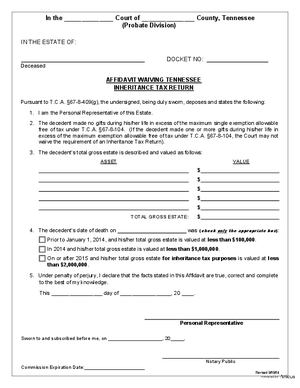Affidavit Waiving Tn Inheritance Tax Return - Tennessee | Atticus® Forms