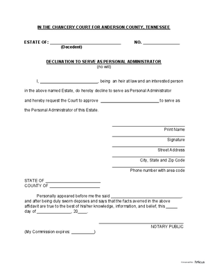Declination To Serve - Intestate (Anderson) - Tennessee | Atticus® Forms