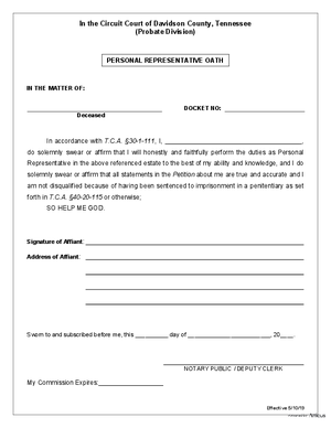 Oath Of Personal Representative (Davidson) - Tennessee | Atticus® Forms